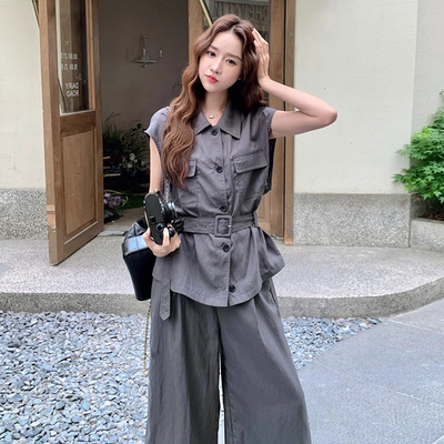 2025夏季新款高级灰工装风腰带衬衫七分阔腿裤套装两件套