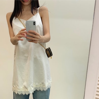 韩国 早春新款  设计感蕾丝拼接吊带连衣裙显瘦中长款叠穿背心裙