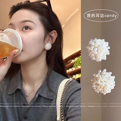 精致珍珠编制花朵耳钉2025新款