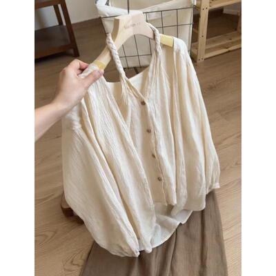 CHAO级推荐！文艺复古假两件挂脖长袖衬衫女春季新款宽松显瘦上衣