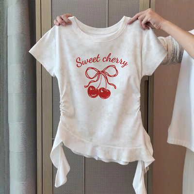 短袖t恤女夏季樱桃印花扎染修身