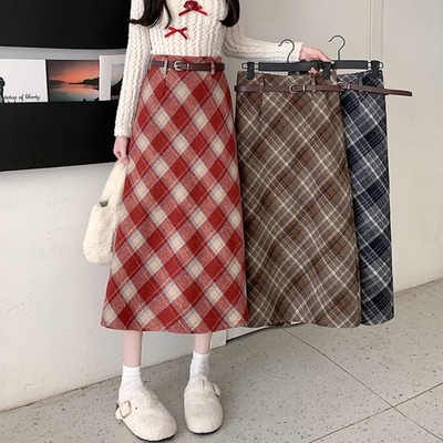 毛呢高腰长裙chi格子半身裙女