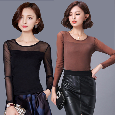 2025春季女装外穿圆领网纱打底衫长袖低领纱衣纯色内搭上衣紫黑色