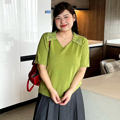 大码女装镂空花边POLO领针织衫2026春夏款胖mm休闲短袖t恤女23770
