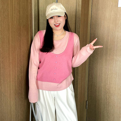 乃粒大码女装撞色假两件上衣毛衣26春款胖mm休闲宽松针织衫22825