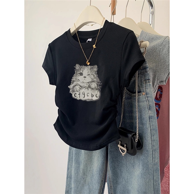 美式黑色猫咪不规则短袖t恤女夏季设计感修身短款正肩收腰上衣夏