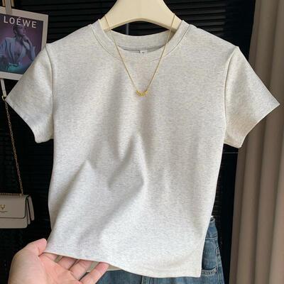 休闲基础款短袖T恤女2025夏季新款修身显瘦纯色高腰正肩短款上衣