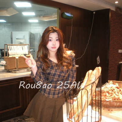 Rou8ao微胖大码女装韩系复古格子衬衫女斜领收腰显瘦设计感上衣