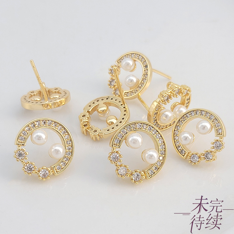 韩版简约气质18K包金镶钻珍珠耳钉925银针带吊环diy手工耳饰材料_虎窝淘