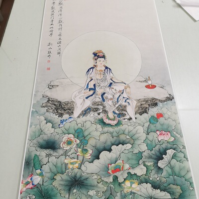 夏荆山荷花观音座像复古书画人物佛像国画真迹微喷仿古挂轴装饰画