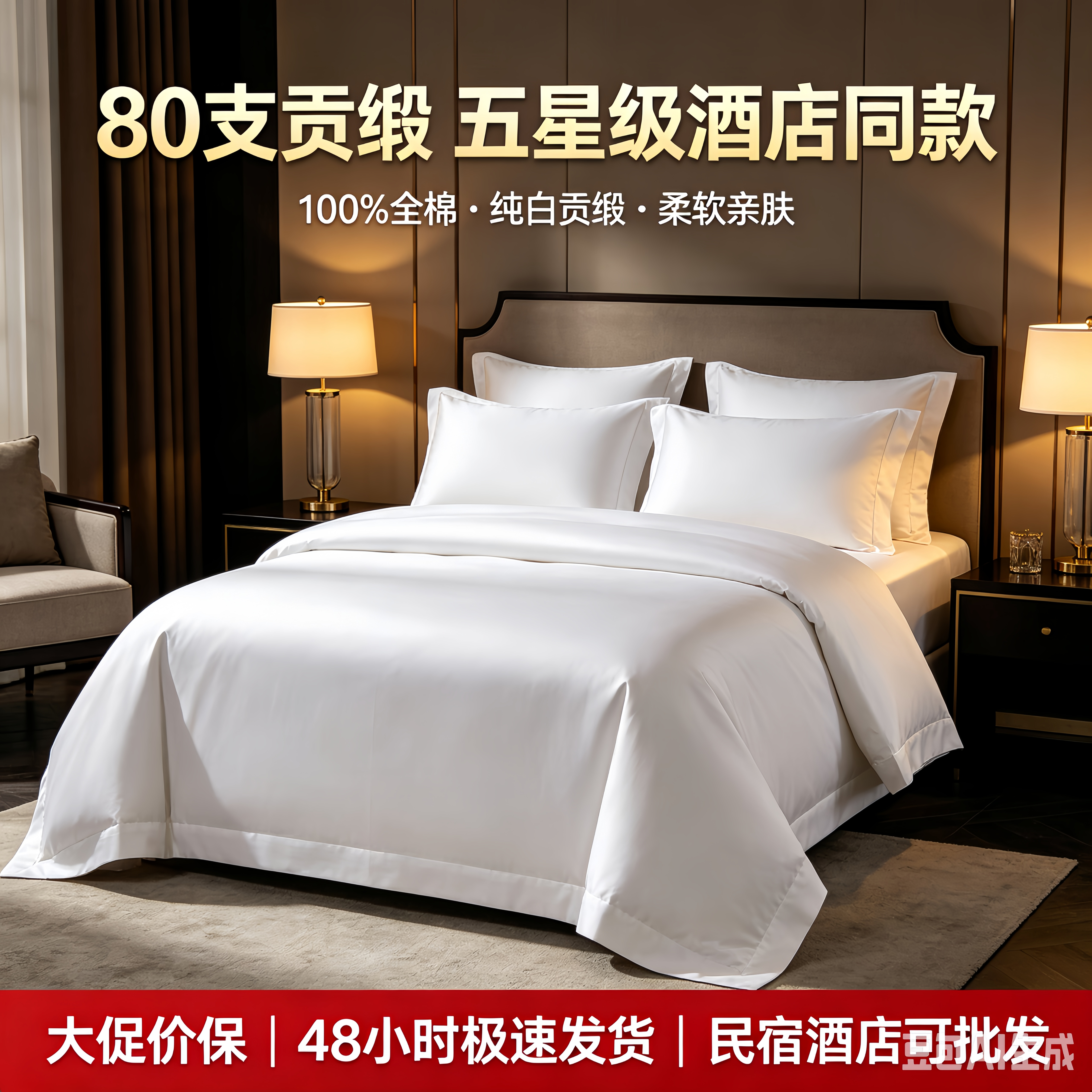 【丽晶半岛】80支贡缎全棉白色四件套 酒店民宿专用纯棉床单被套