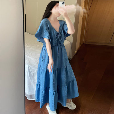 大码法式赫本风V领连衣裙女夏季胖m200斤梨型身材显瘦a字大摆长裙