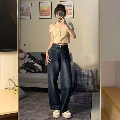 女小众直筒薄款高腰复古蓝甜辣