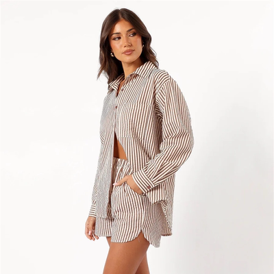 小俞家 by togethe* 欧美风休闲咖色条纹衬衣短裤套装宽松慵懒夏