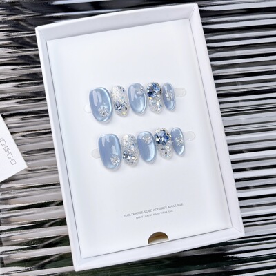 新款蓝色清冷猫眼穿戴甲纯手工