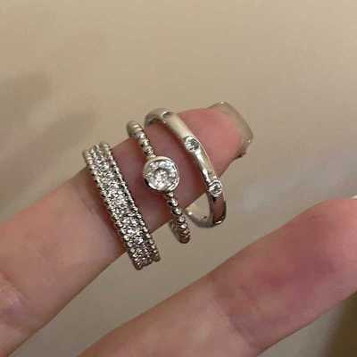 素圈开口戒指套装锆石冷淡风女