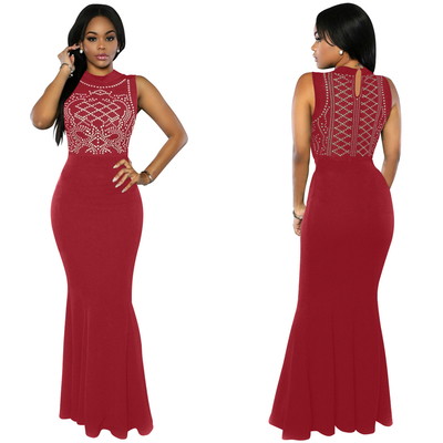 复古几何图案烫钻礼服长裙清仓