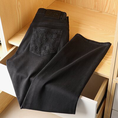 超柔软黑色宽松直筒弹力牛仔裤男