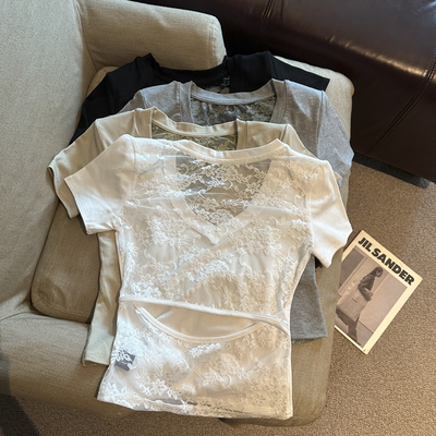 后背蕾丝镂空短袖t恤小衫优品质