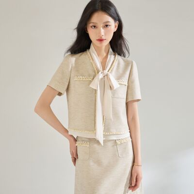 26夏季法式千金风醋酸轻薄金银丝飘带短袖小香风套装25875+25876