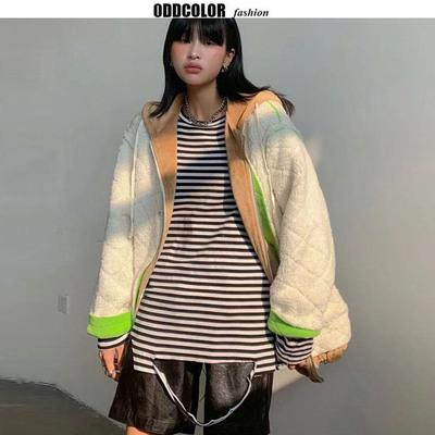 韩系chic假两件连帽颗粒绒外套