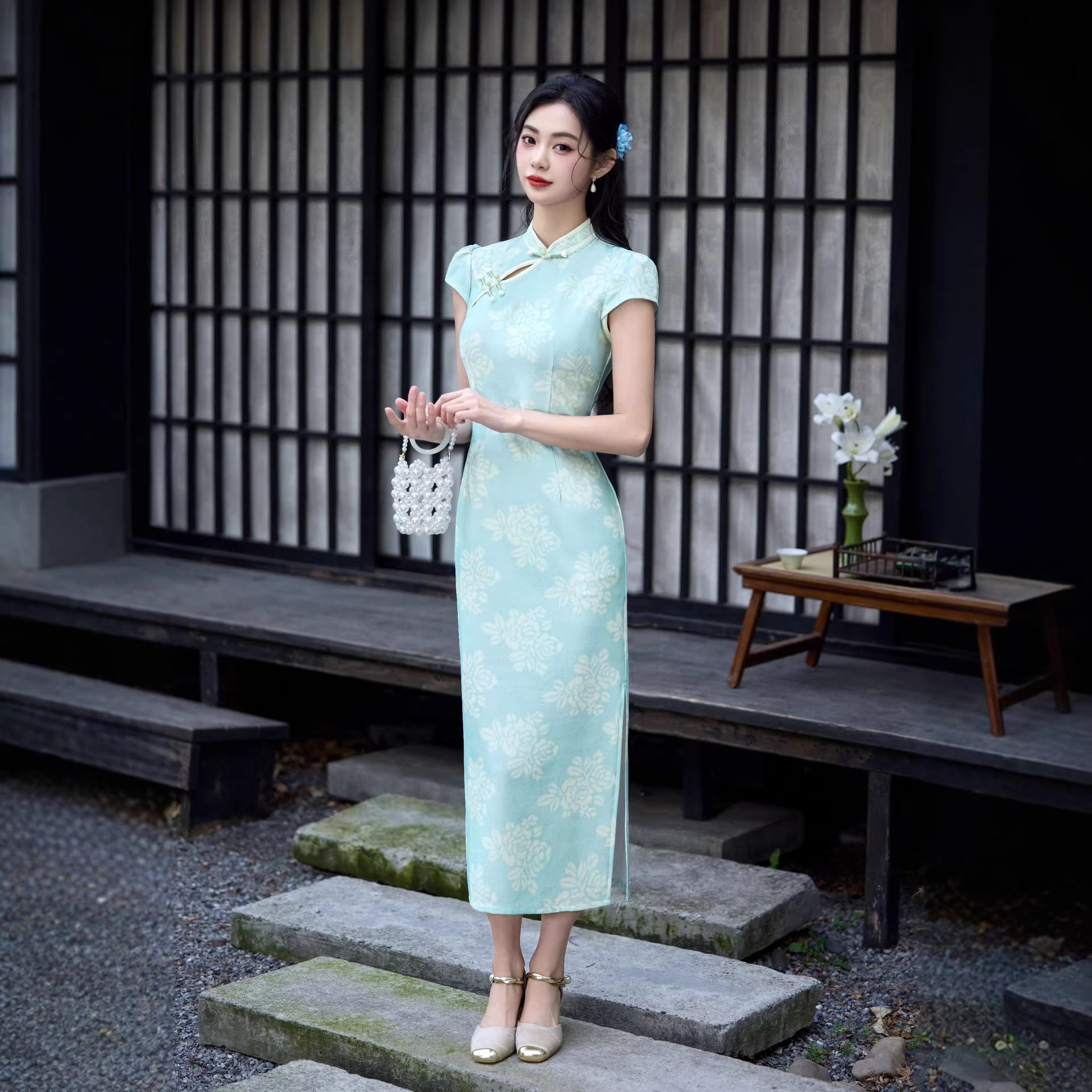 新中式改良旗袍女长款日常可穿素雅印花复古国风连衣裙短袖旗袍