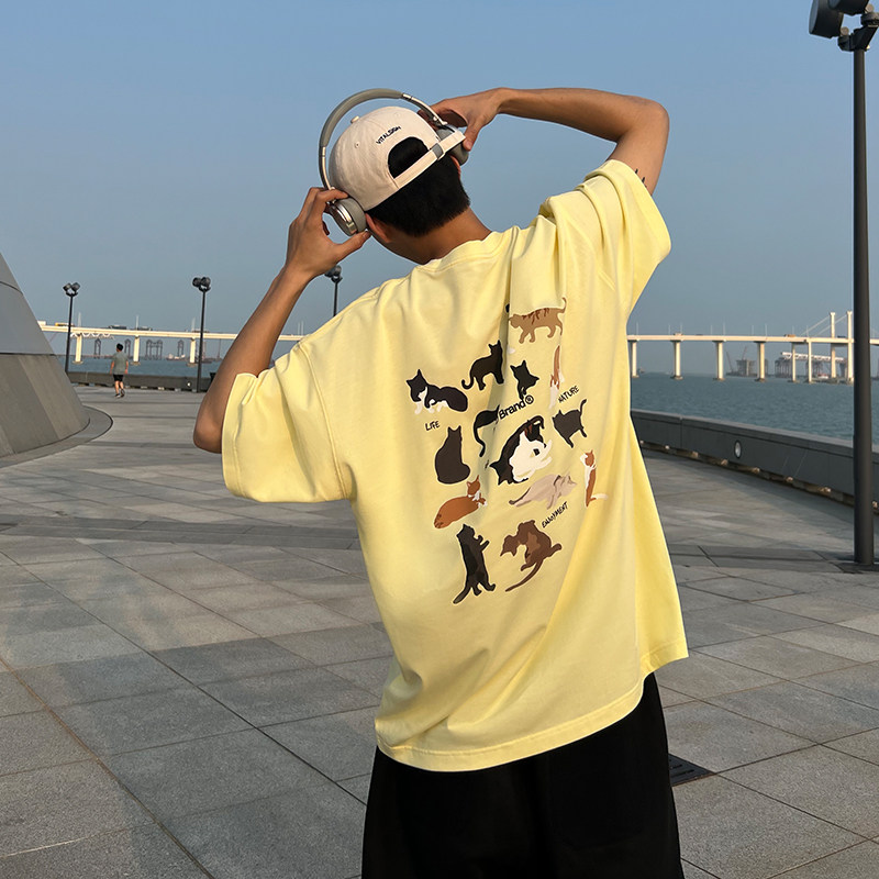 PSO Brand男装女装32支230克双纱精梳针织可爱猫猫们图案短袖T恤