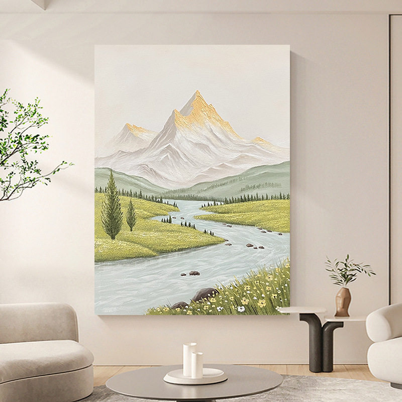 手绘油画客厅装饰画立体山水画入户玄关走廊壁画侘寂风手绘肌理画