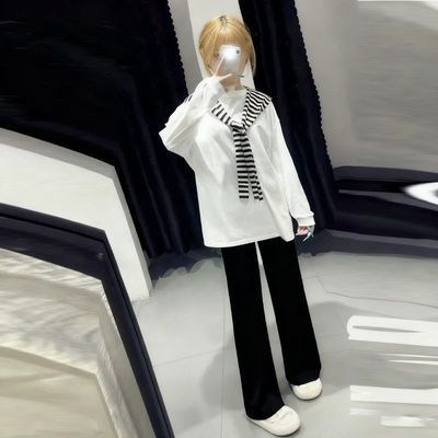 快手网红新款春秋款休闲简约长袖上衣中大童黑色直简阔腿裤两件套