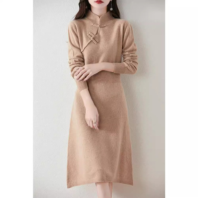 Sera轻奢新中式斜襟三扣羊毛连衣裙女秋冬纯羊毛毛衣裙立领收腰