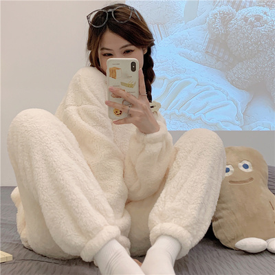 秋冬季新款珊瑚绒睡衣套装女纯色