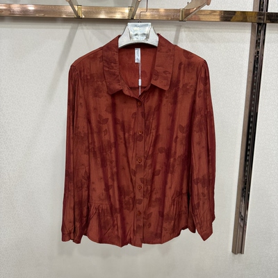 三兄弟8802专柜正品暗花印花衬衫女翻领下摆荷叶边宽松开衫上衣潮