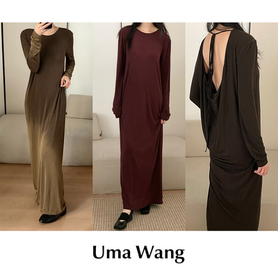 CETTCE 现货 Uma Wang 渐变晕染露背系带莫尔代圆领长袖连衣裙