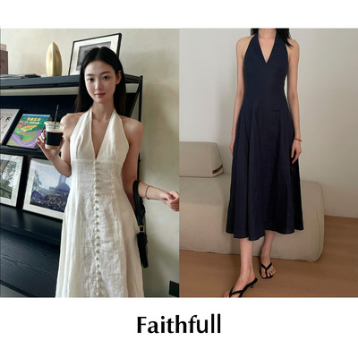 【SALE】CETTCE现货 Faithfull 修身亚麻挂脖系带V领中长款连衣裙