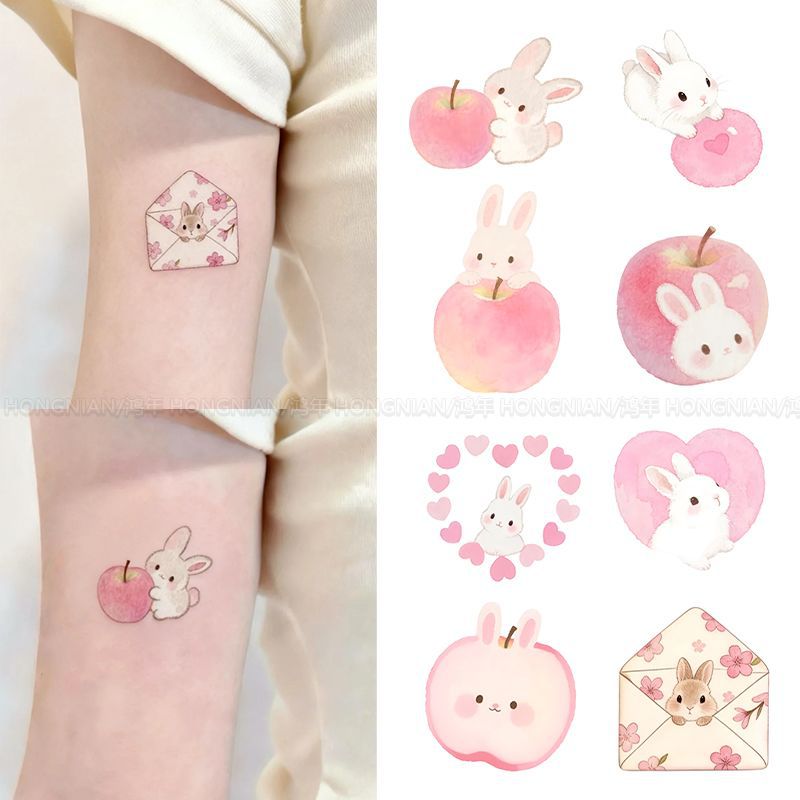 粉色兔兔 彩色纹身贴可爱甜美卡通软萌小兔子手臂防水持久贴纸ins