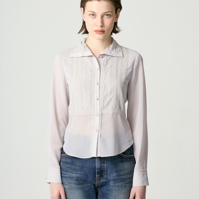 【品牌特卖 正品现货】GLOWNY24春夏蕾丝雪纺衫小清新长袖衬衫