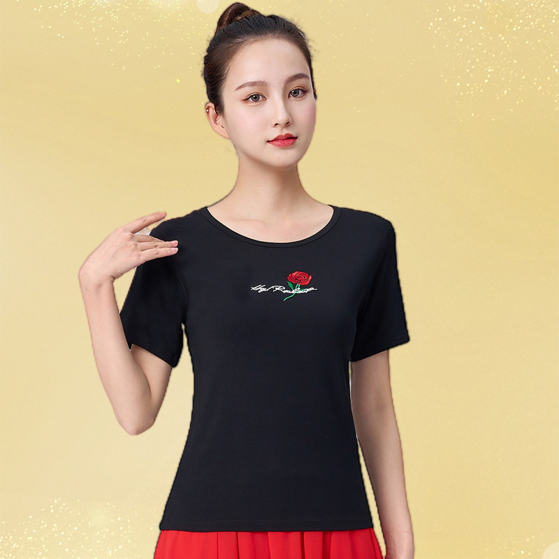 夏季短袖广场舞服装新款套装莫代尔刺绣练功服舞蹈服中老年跳舞衣