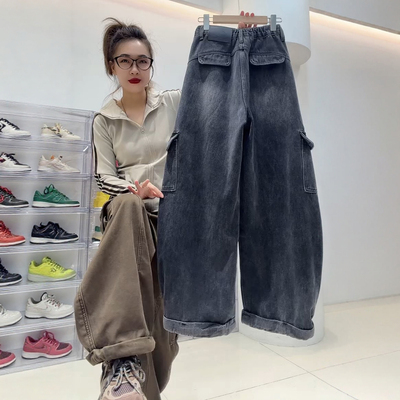 大码弯刀牛仔裤女秋冬季2025新款加绒加厚工装裤子胖mm显瘦阔腿裤