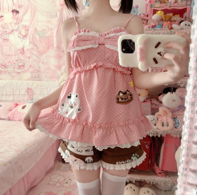 RichGirl少女软妹女儿服日系软妹可爱波点小猫挂脖系带印花背心