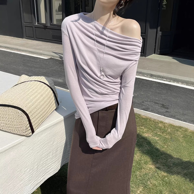 Gary的宝藏GRACETINAHOO春新法式斜肩褶皱简约通勤百搭慵懒打底