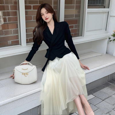 【直播专享】两件套有内衬时尚百搭优美女大裙摆上衣半身裙D0481