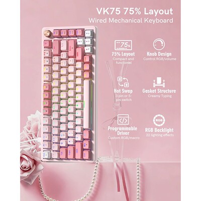 Womier VK75 Wired Mechanical Keyboard Retro Pink Custom Hot-