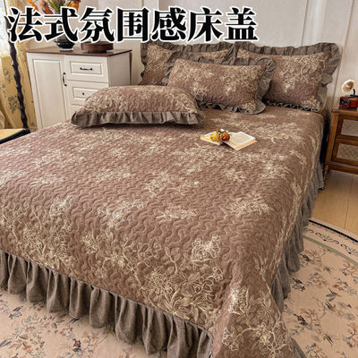 法式花边皱皱纱加厚夹棉床盖四件套枕套床单防滑不跑榻榻米床垫褥