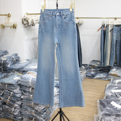 艾拿18521蓝色烫钻满天星牛仔喇叭裤2026年春季女高腰四面弹长裤