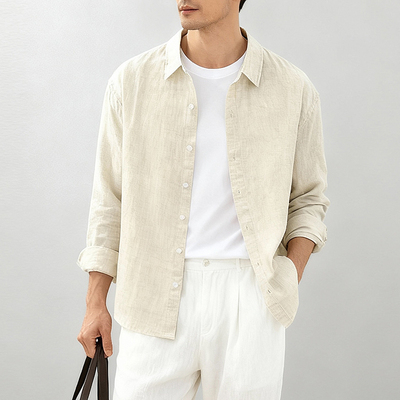 春夏男士纯亚麻透气长袖衬衫