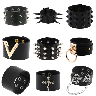 欧美非主流骷髅头十字架宽手镯朋克个性哥特pu皮革尖钉手链手环女