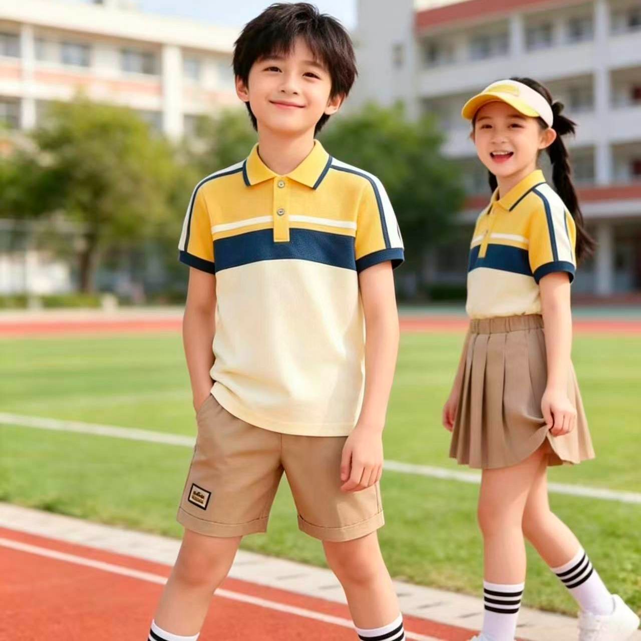 小学生校服夏款男女童两件套运动服黄色班服园服