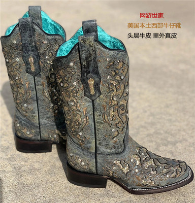 美国Corral牛皮镂空雕花牛皮方头复古拼色中筒骑马靴西部牛仔靴女
