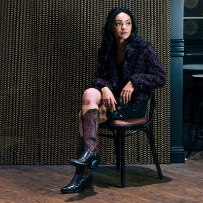 墨西哥TONY LAMA鸵鸟皮真皮拼色优雅粗高跟高筒靴西部牛仔靴女靴