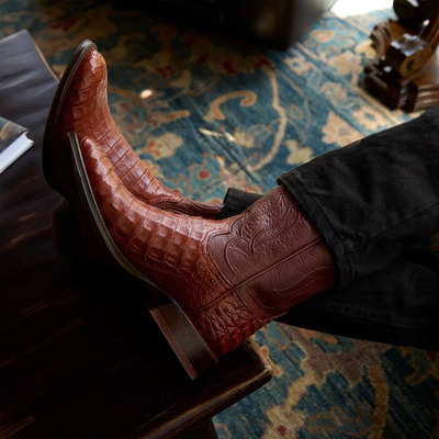 美国产TONY lama鳄鱼皮羊皮拼接刺绣复古西部牛仔靴男真皮骑马靴